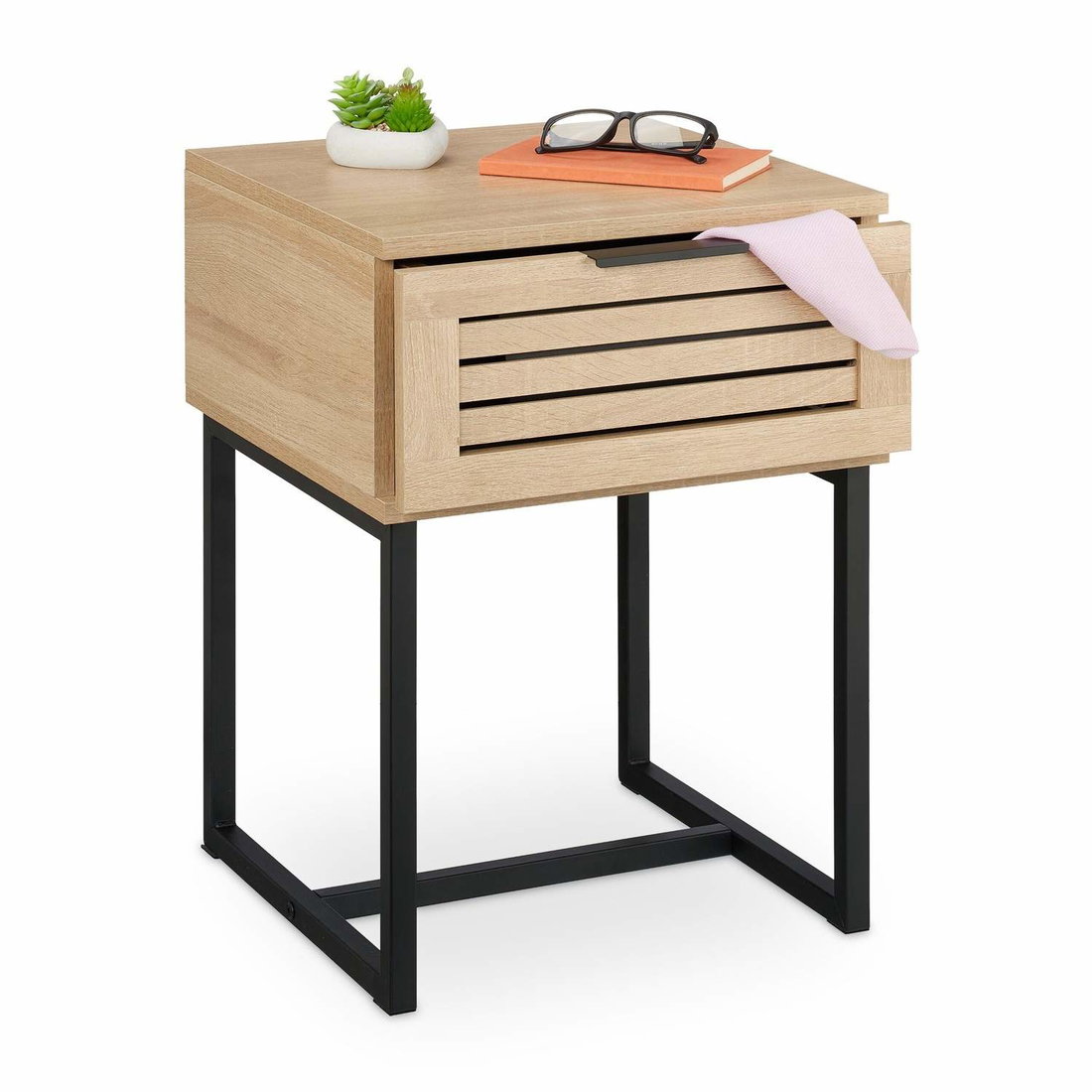 Bedside Table with Drawer – Light Wood & Metal Frame