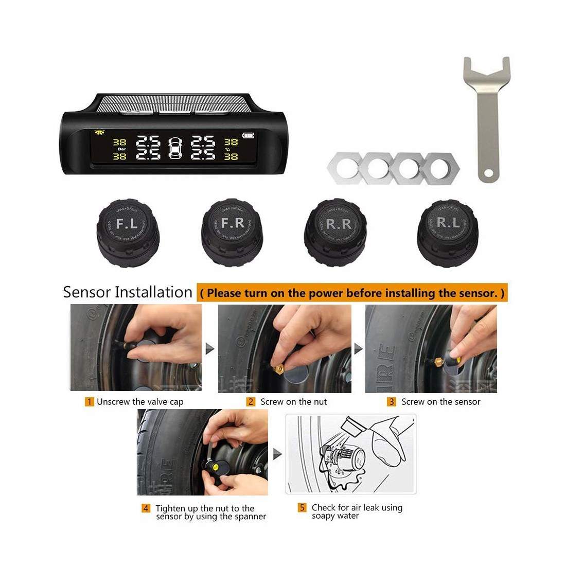 TPMS Wireless Tire Pressure Monitor System, Solar cell / USB
