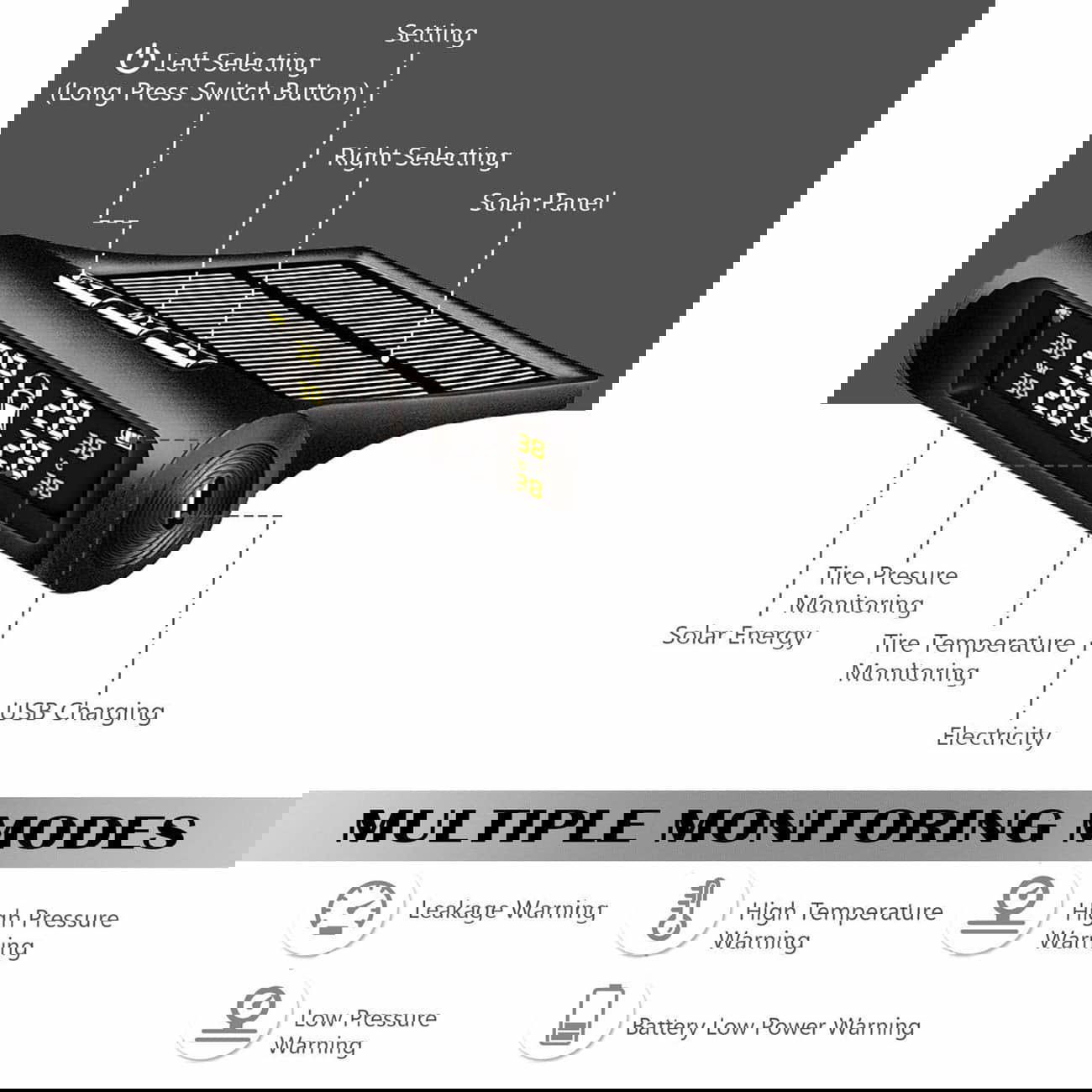 TPMS Wireless Tire Pressure Monitor System, Solar cell / USB