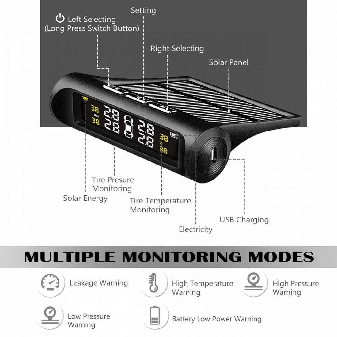 TPMS Wireless Tire Pressure Monitor System, Solar cell / USB
