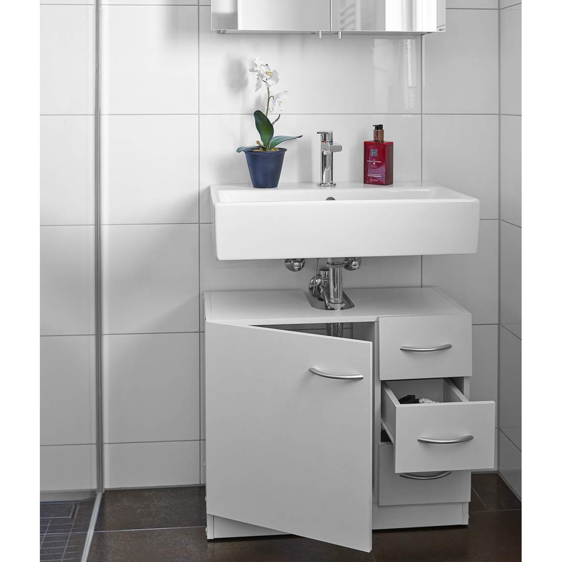 Vitt tvättställsskåp – 3 lådor, stort förvaringsutrymme