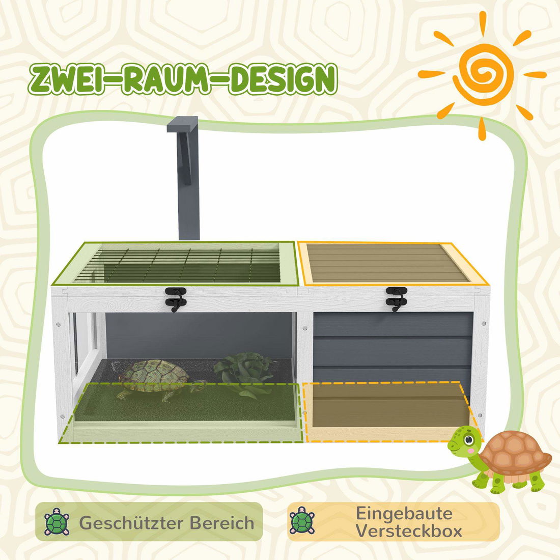 Kilpikonnatalo kahdella huoneella, helppo puhdistaa, puuta ja akryyliä