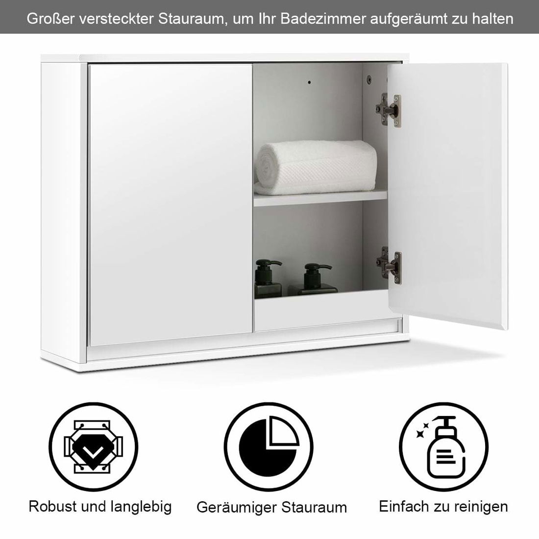 Spejlskab til badeværelse med hylder – hvidt, pladsbesparende design