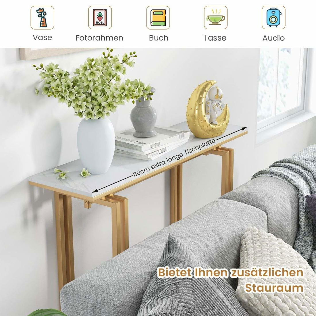 Konsolbord med skiva i konstmarmor, 110 cm – Vitt och guld