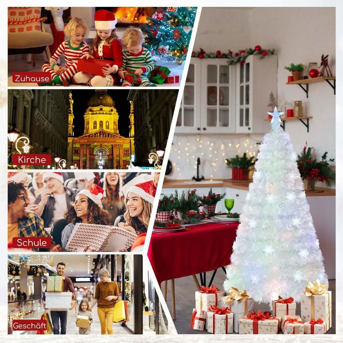 150 cm valkoinen joulukuusi LED-valoilla ja valokuidulla