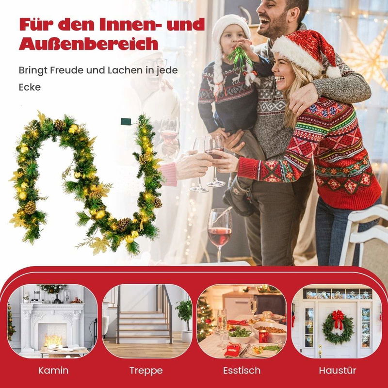 270 cm esivalaistu jouluköynnös LEDeillä ja käpyillä