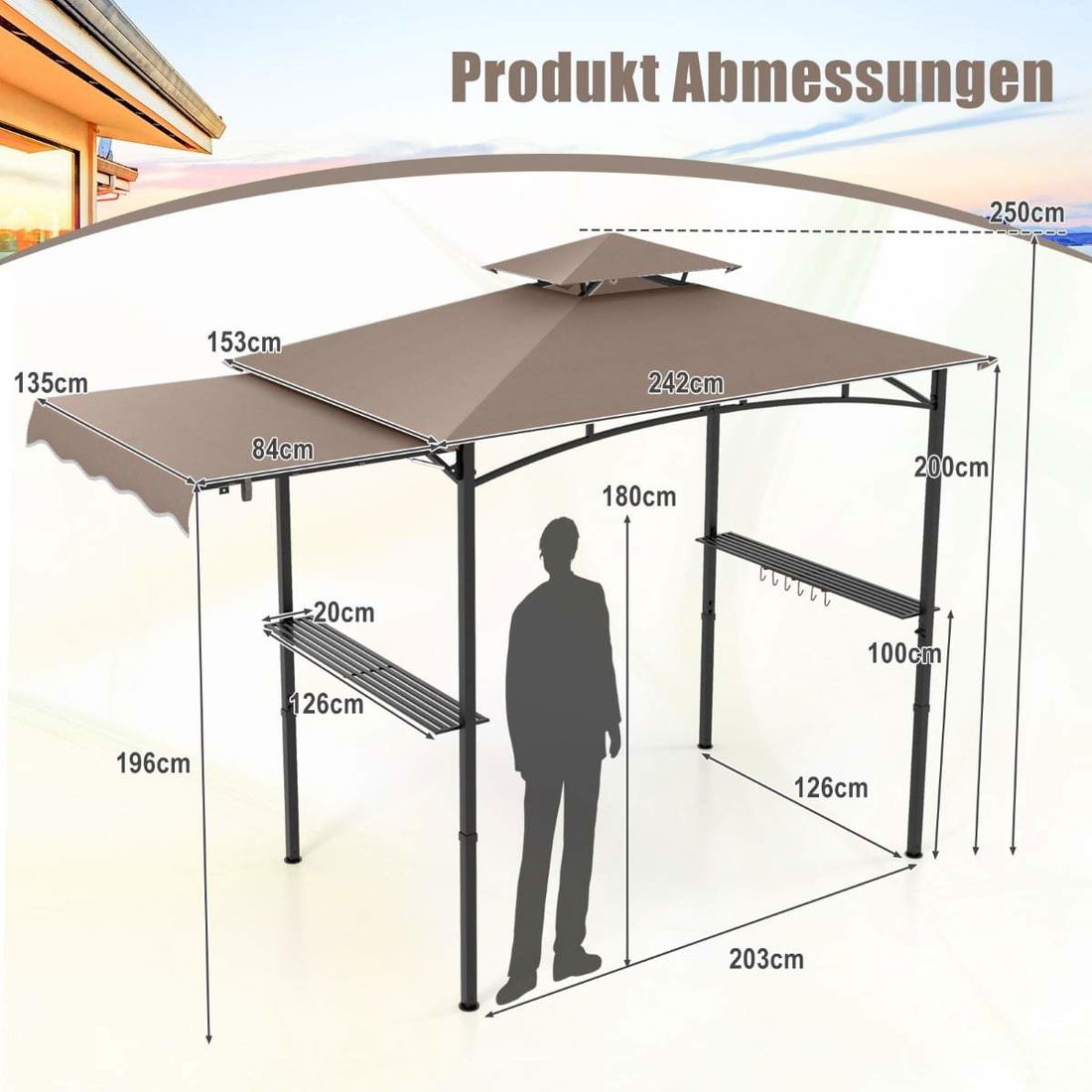 Grillpavillon med sidemarkise, dobbelttag og hylder