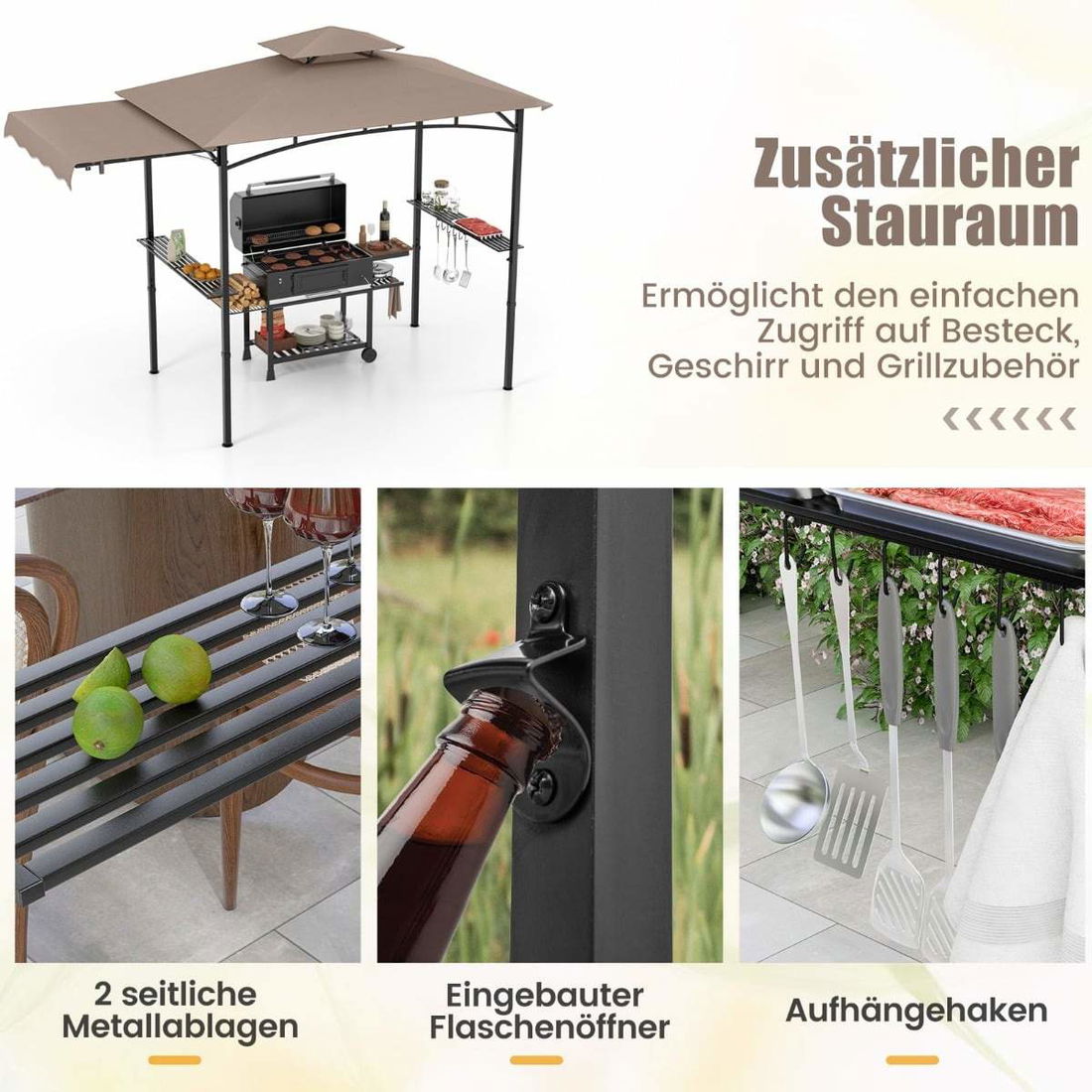 Grillpavillon med sidemarkise, dobbelttag og hylder