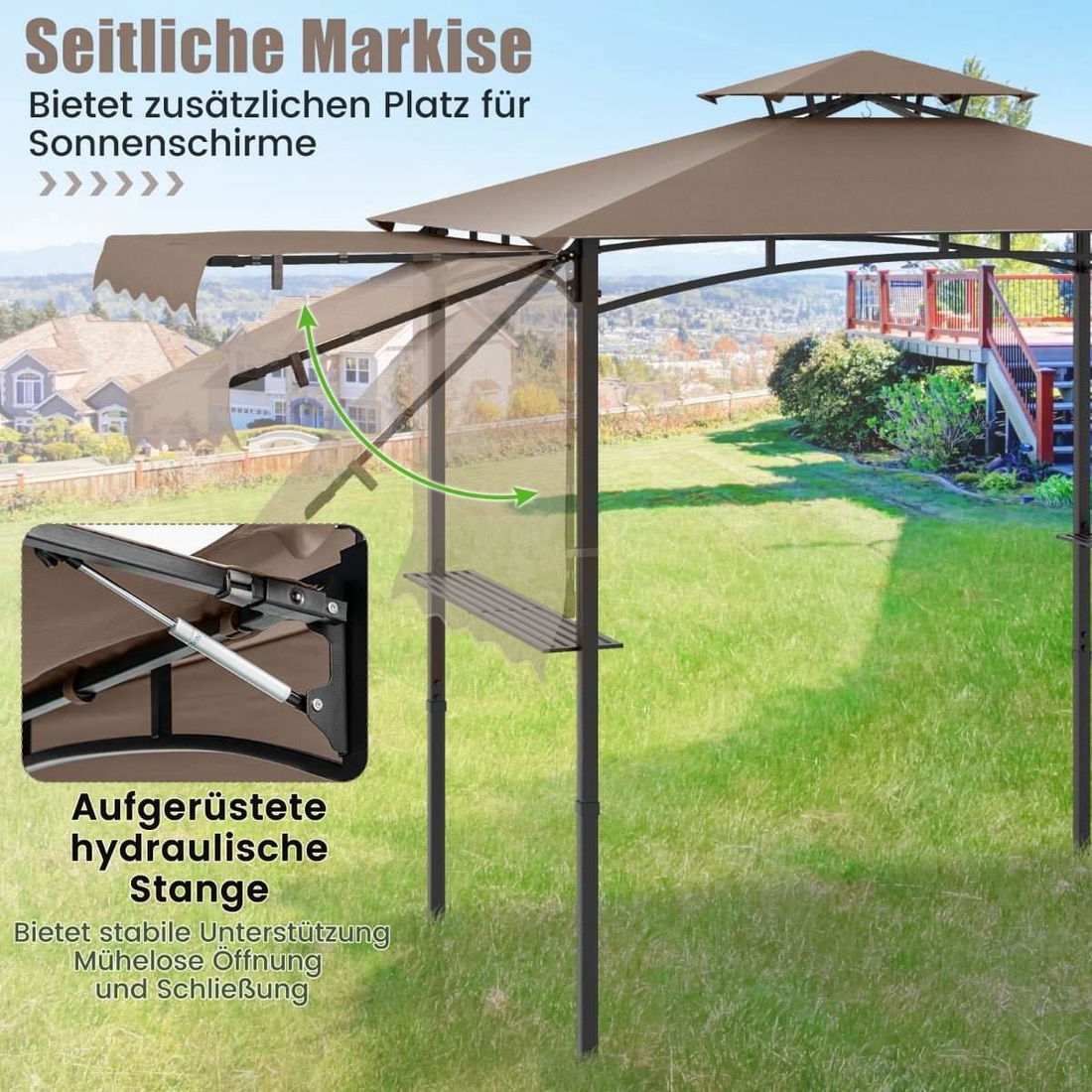 Grillpavillon med sidemarkise, dobbelttag og hylder