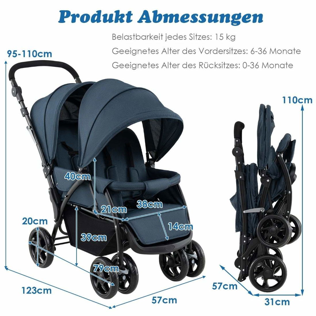 Kokoontaitettavat kaksoisrattaat – säädettävät istuimet ja kuomu, 30 kg ...