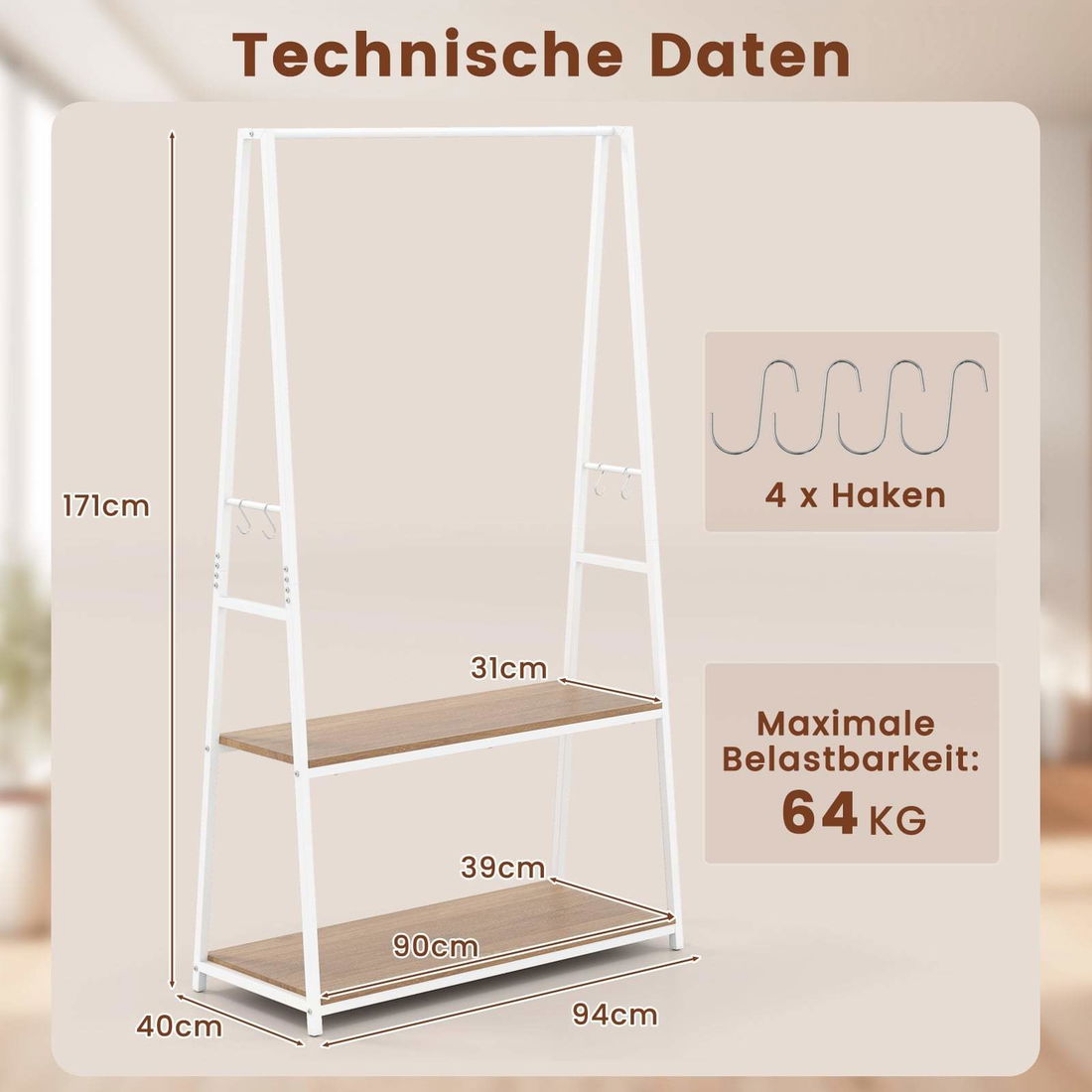 Fritstående tøjstativ med hylder – hvid metal