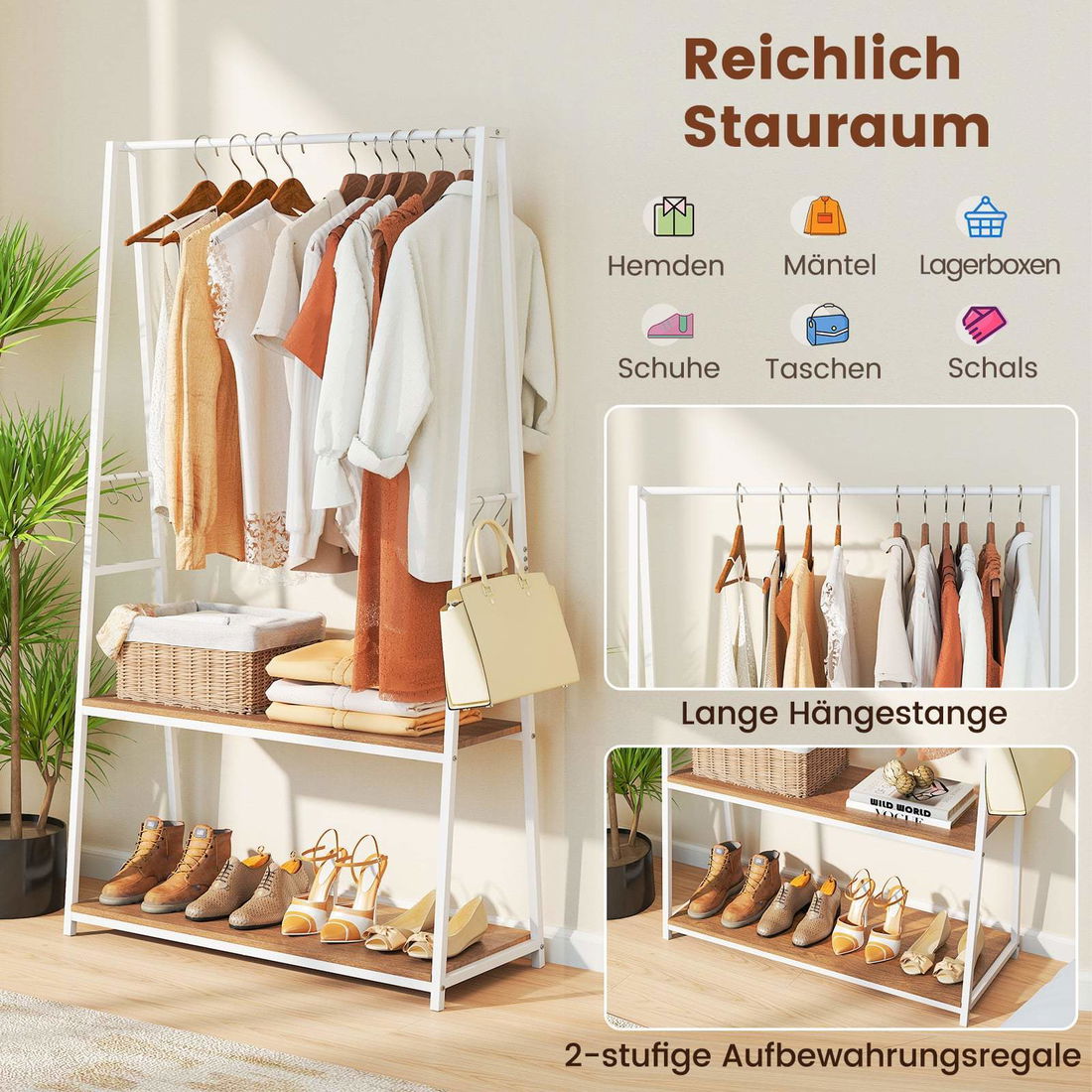 Fritstående tøjstativ med hylder – hvid metal