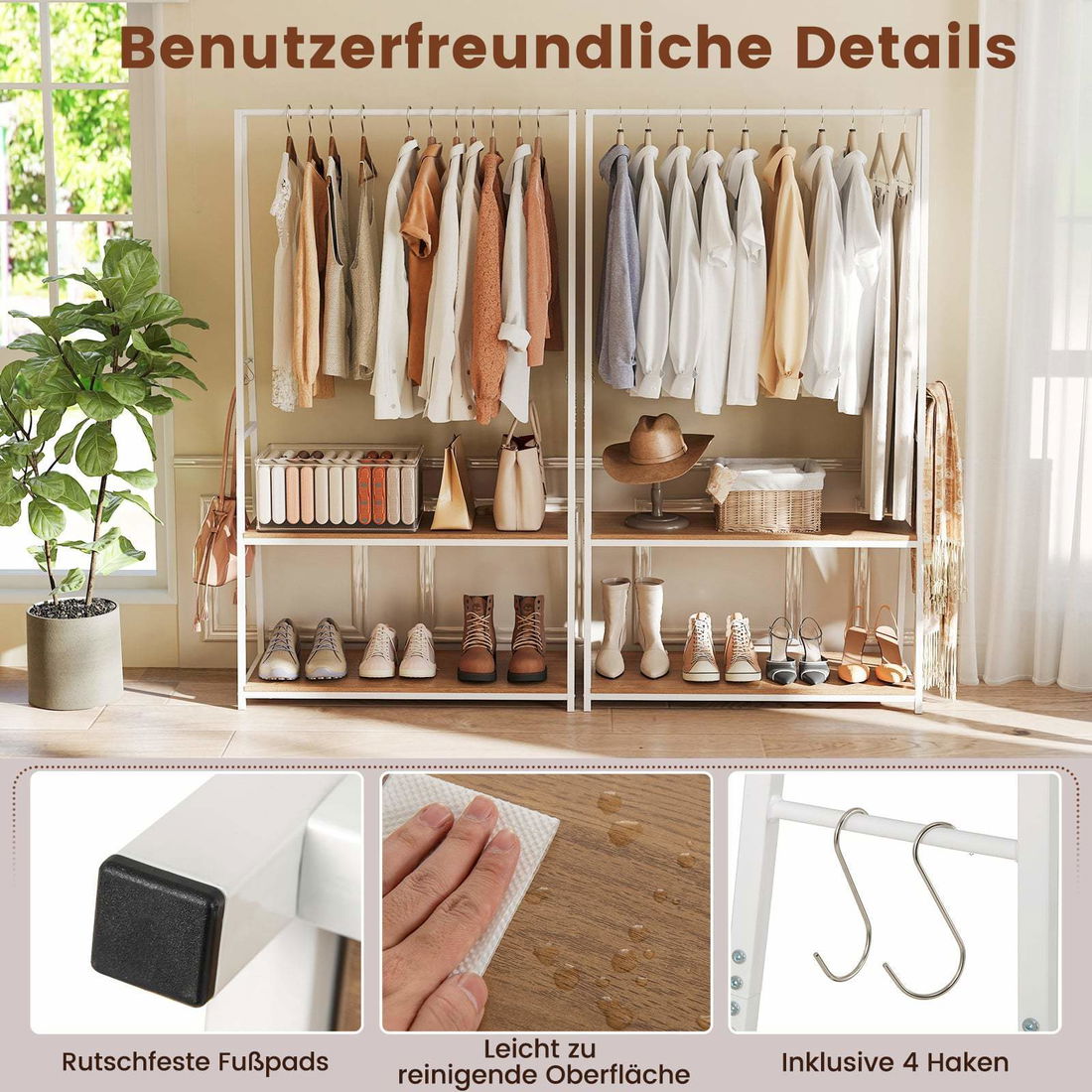 Fritstående tøjstativ med hylder – hvid metal