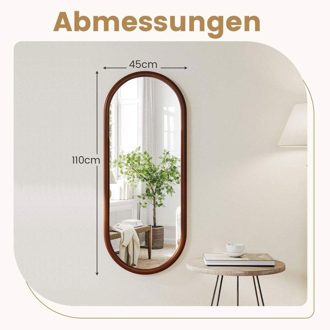 Oval väggspegel, massiv träram, 110 x 45 cm