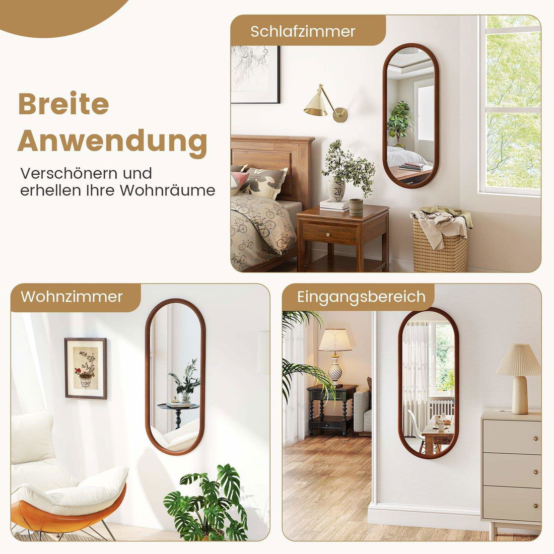 Oval väggspegel, massiv träram, 110 x 45 cm