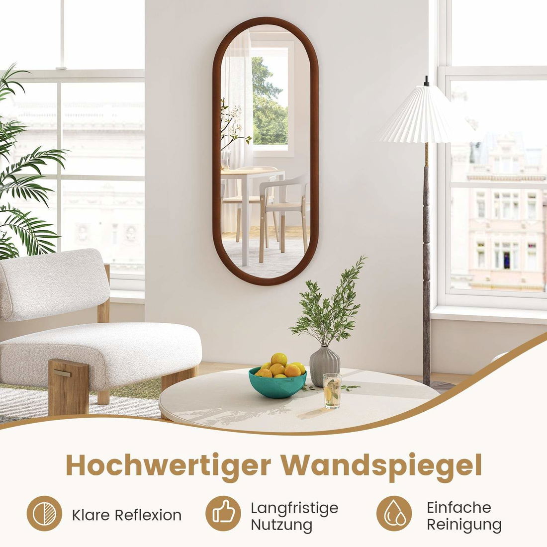 Oval väggspegel, massiv träram, 110 x 45 cm