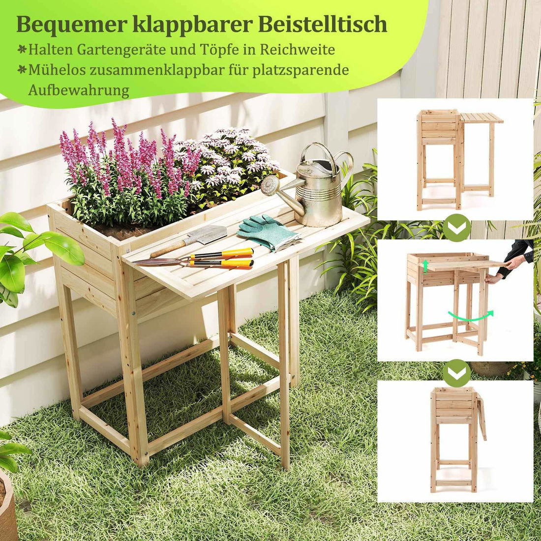 Upphöjd trädgårdsbädd i trä med hopfällbart bord – 63 x 67 x 74 cm