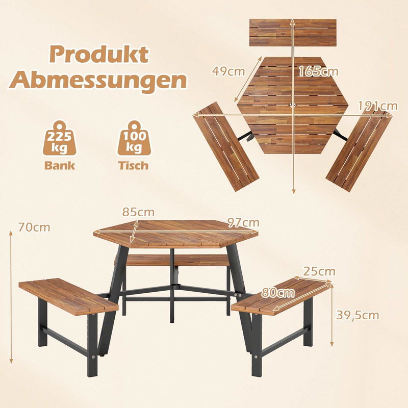 Acacia Wood Picnic Table Set for 6 with Umbrella Hole