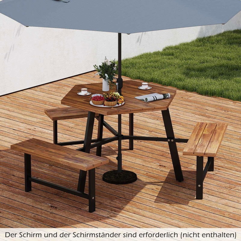 Acacia Wood Picnic Table Set for 6 with Umbrella Hole