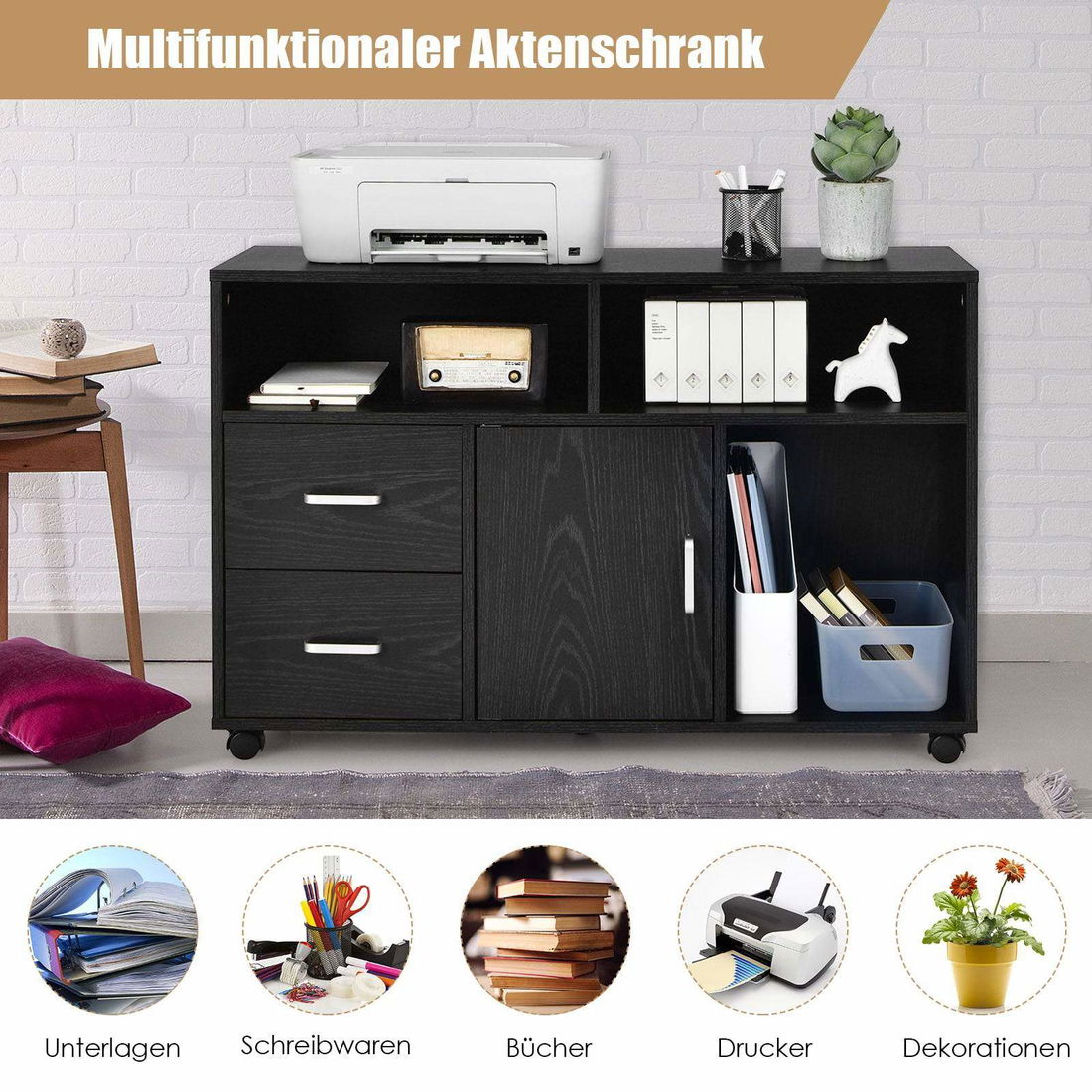 Mobilt arkivskab – 2 skuffer, 3 hylder, rullende hjul