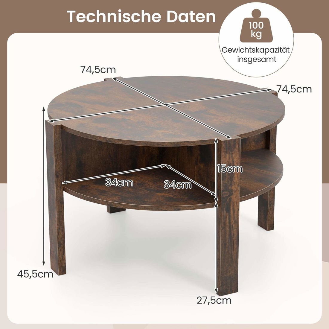 Rundt sofabord med opbevaring – træ, 4 hylder, brun
