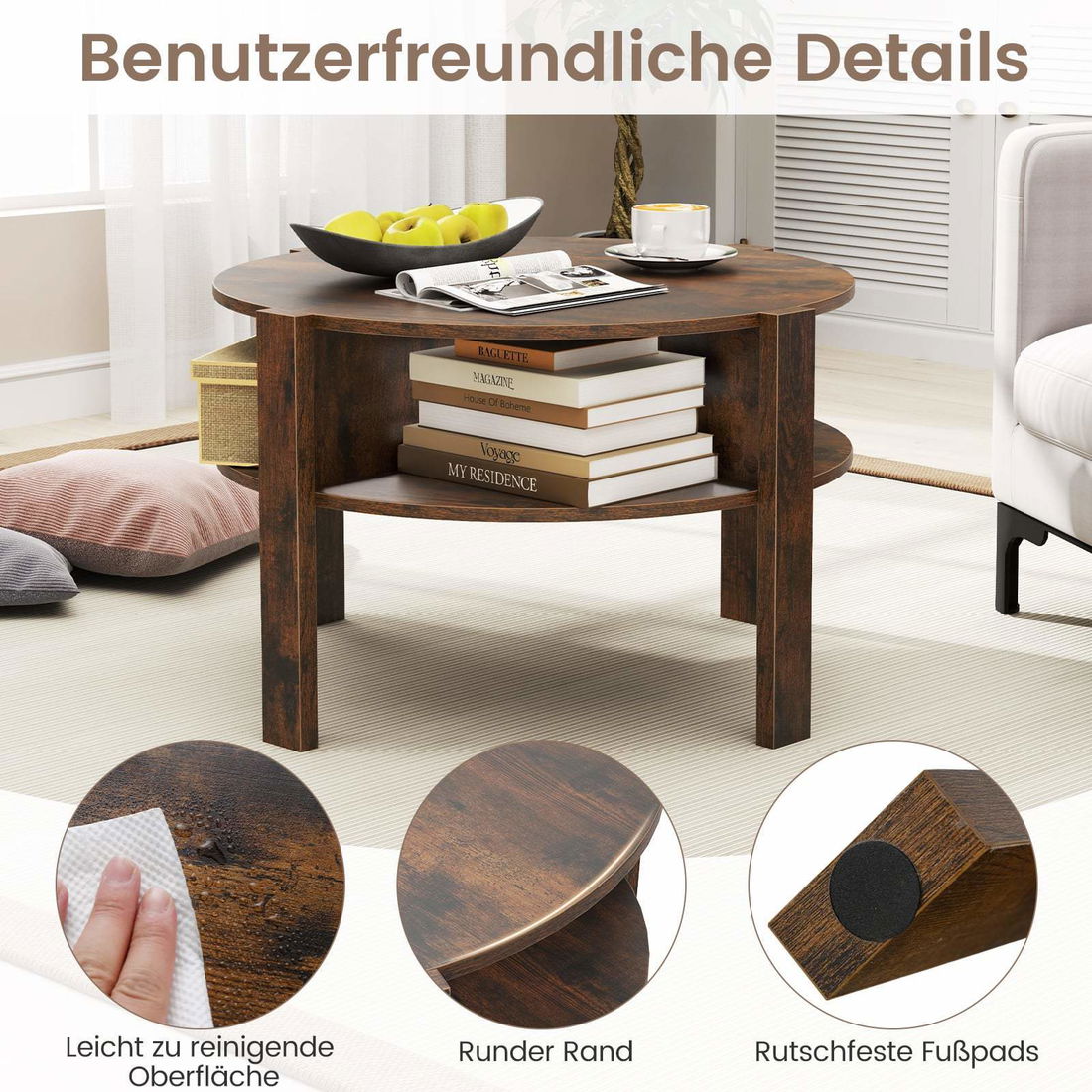 Rundt sofabord med opbevaring – træ, 4 hylder, brun