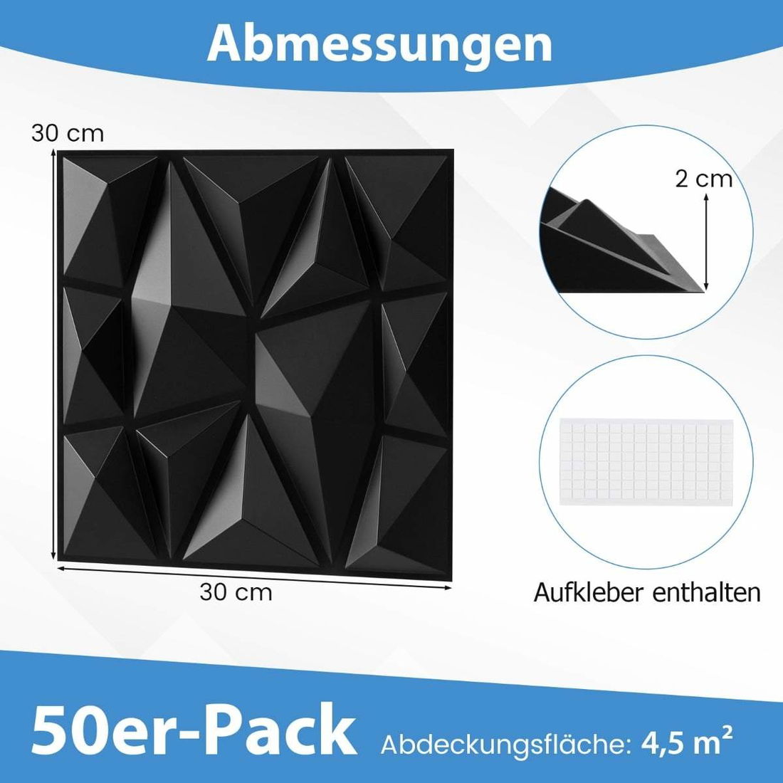 Svarta 3D-diamantväggpaneler – 100-pack, 9 m² täckning