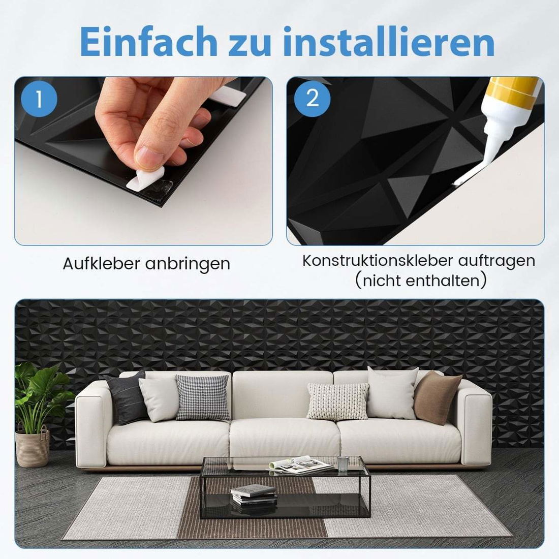 Svarta 3D-diamantväggpaneler – 100-pack, 9 m² täckning