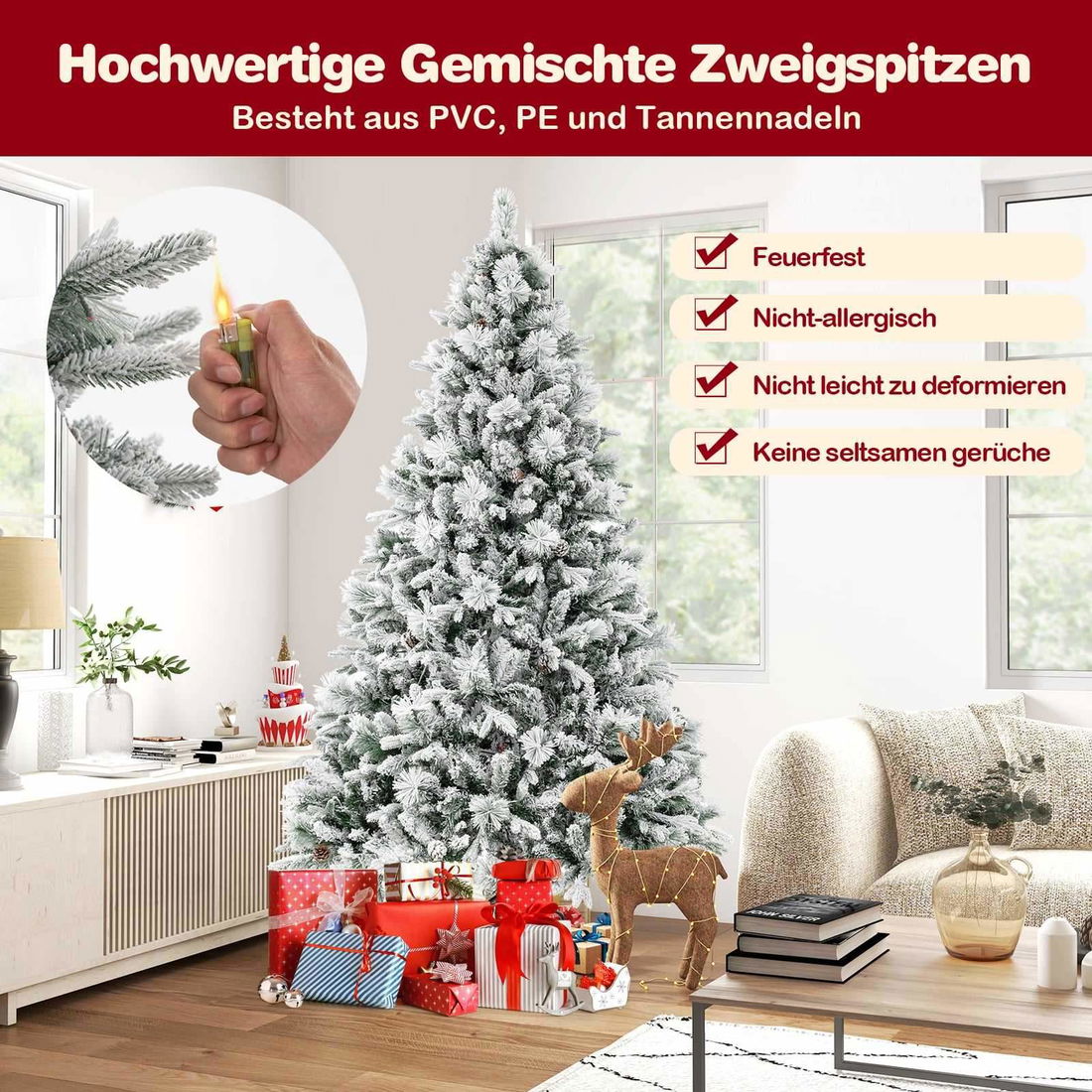 210 cm konstgjord julgran med snö och LED-ljus