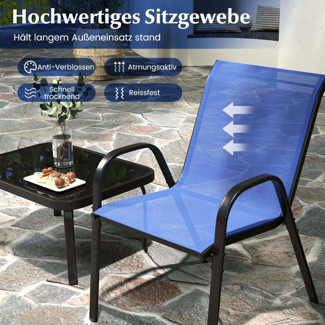 4-delat utemöblerset – metallram, blått tyg, glasbord