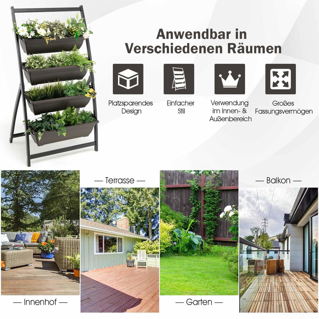 Vertikal 4-vånings kruka med avtagbara lådor och dränering