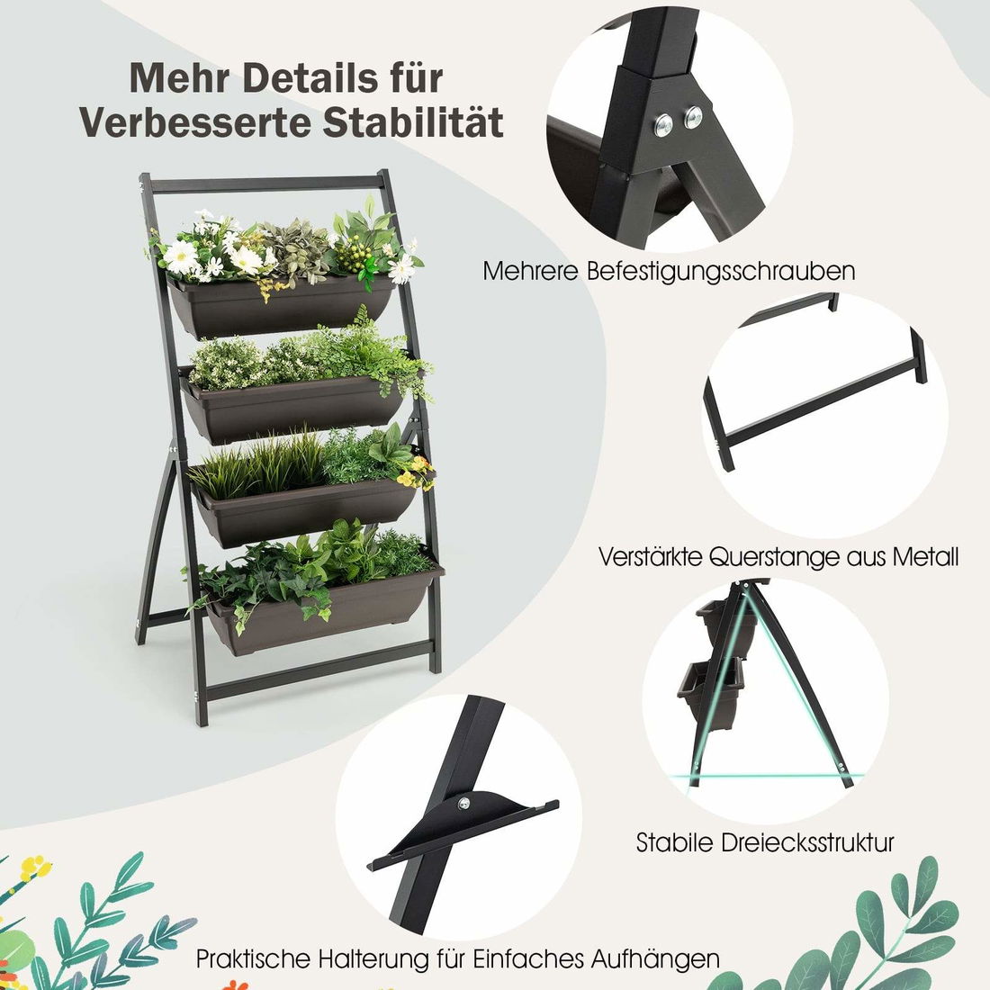 Vertikal 4-vånings kruka med avtagbara lådor och dränering