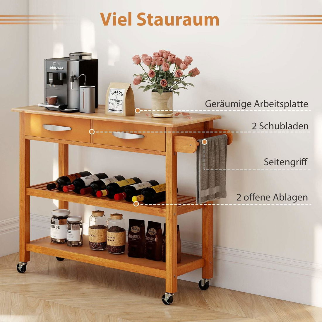 Køkkenvogn i træ med skuffer, hylder og hjul