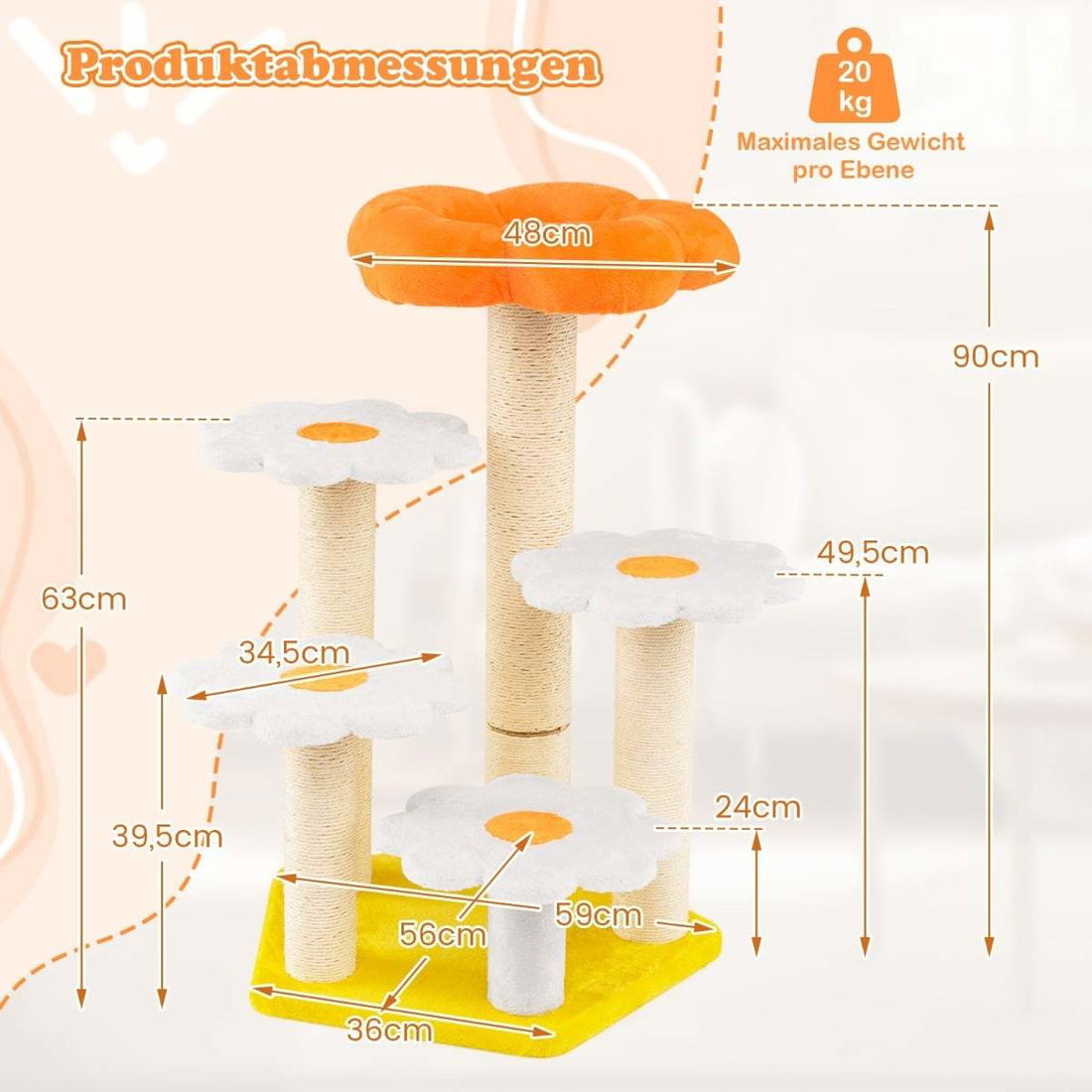 Klösträd med plysch-, sisalstolpar och blomplattformar