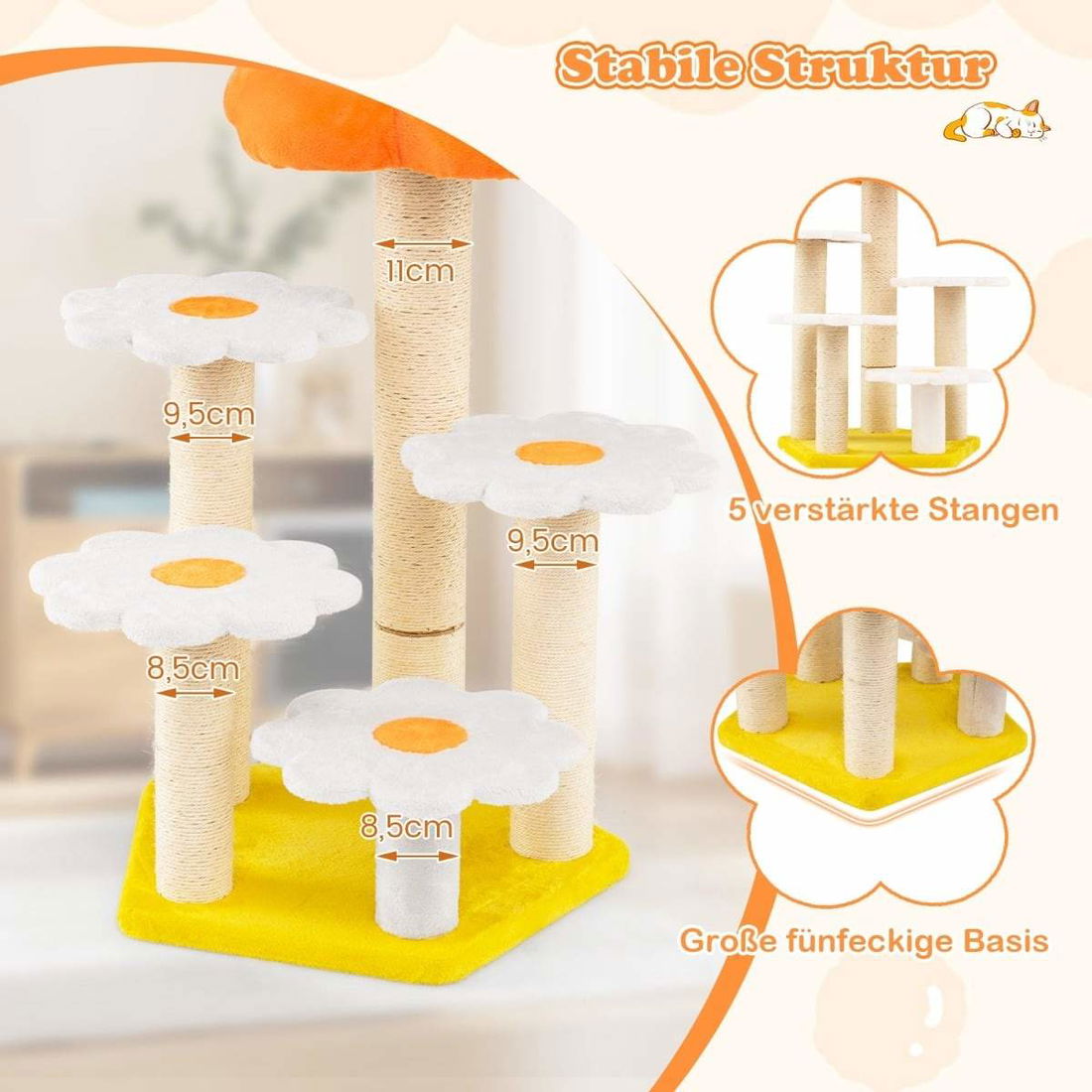 Klösträd med plysch-, sisalstolpar och blomplattformar