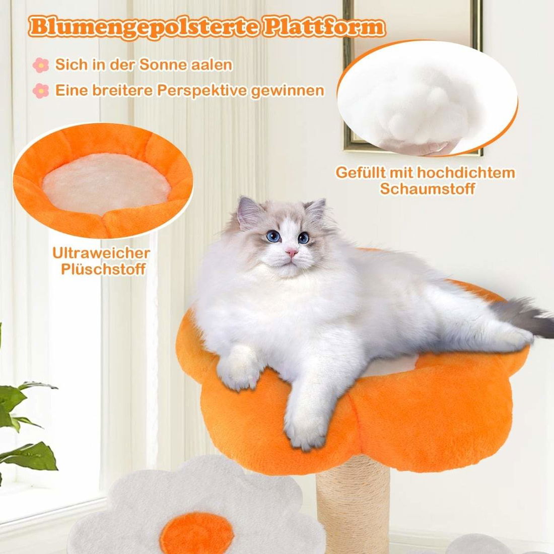 Klösträd med plysch-, sisalstolpar och blomplattformar