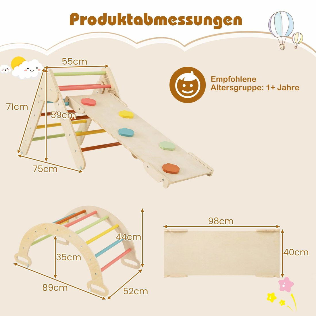 Klätterset i trä för barn – triangel, båge och ramp