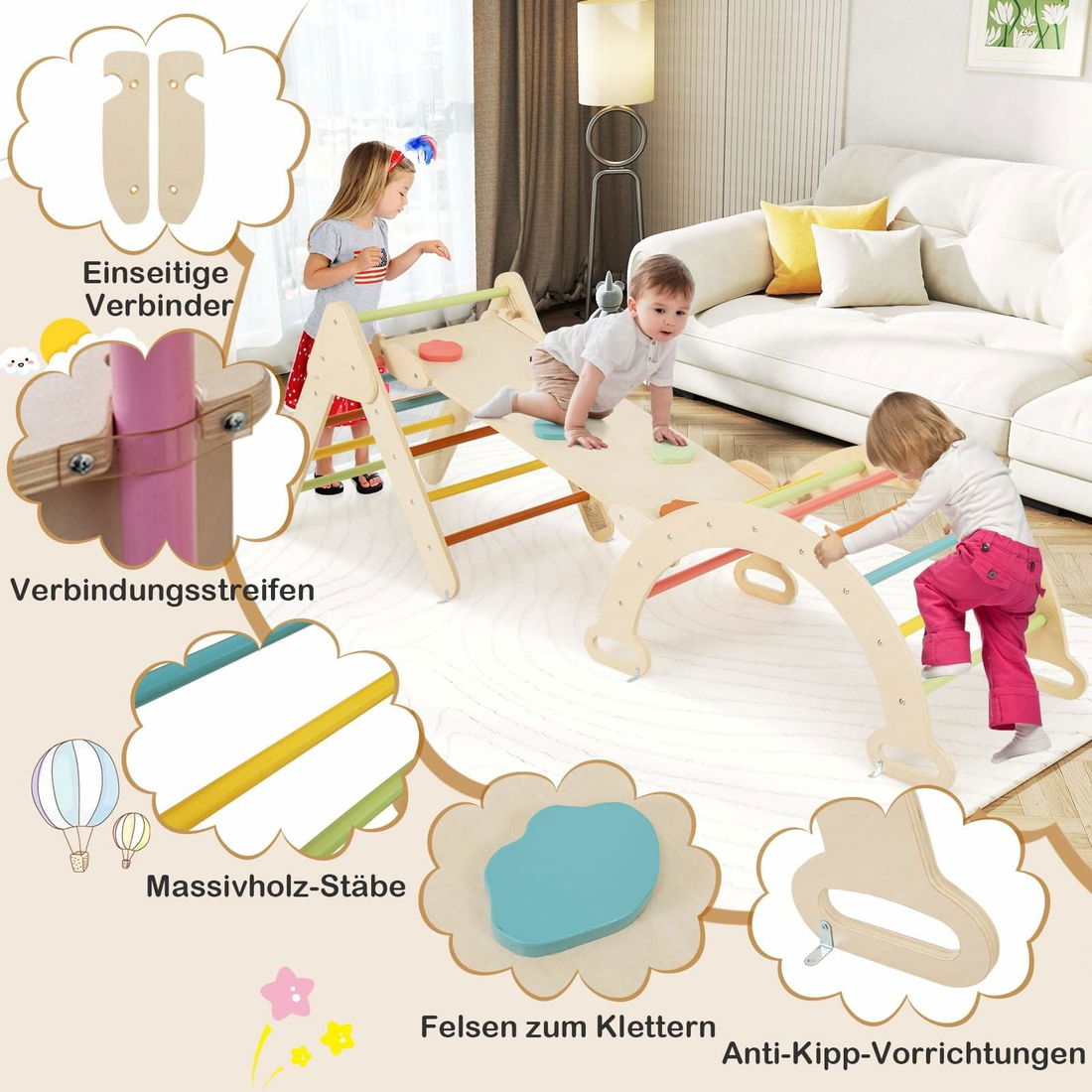 Klätterset i trä för barn – triangel, båge och ramp