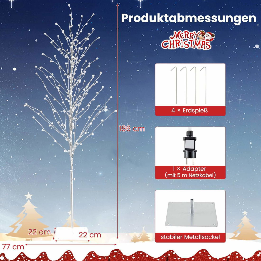 186 cm LED-birketræ med varmt hvidt lys