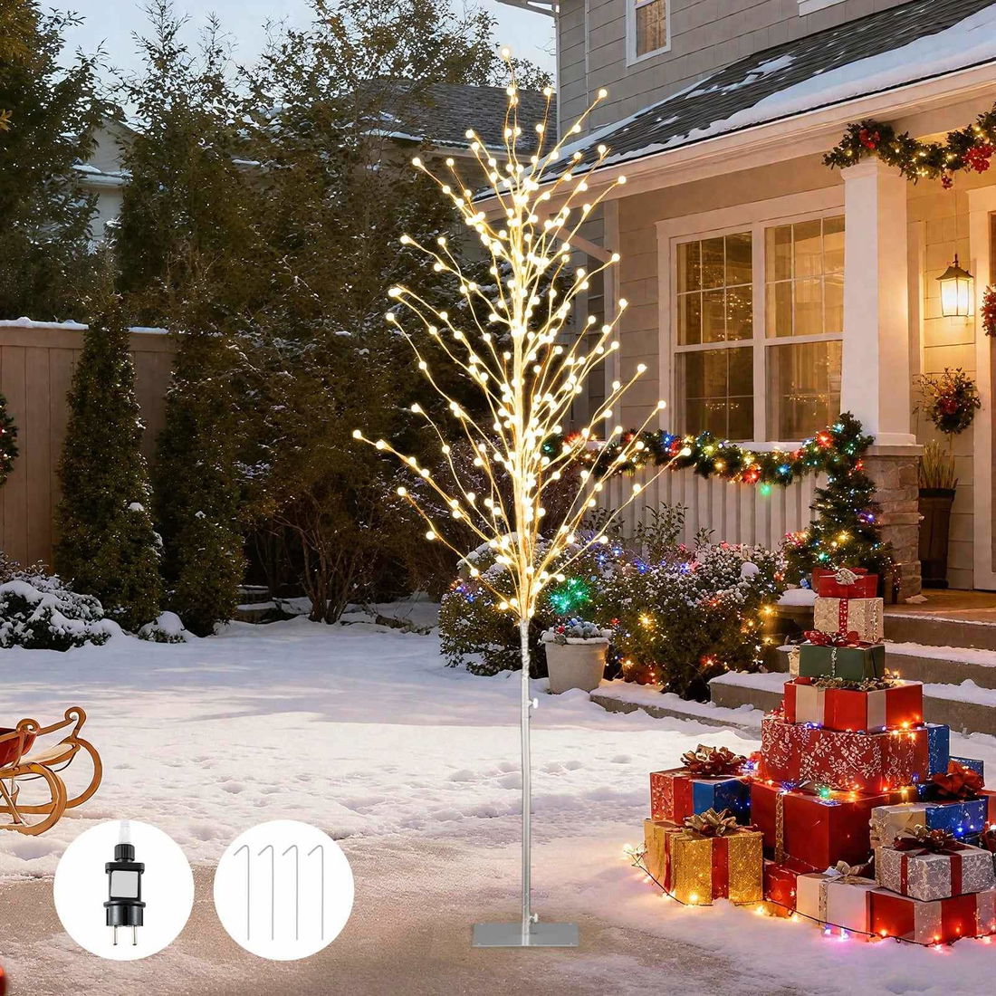 186 cm LED-birketræ med varmt hvidt lys