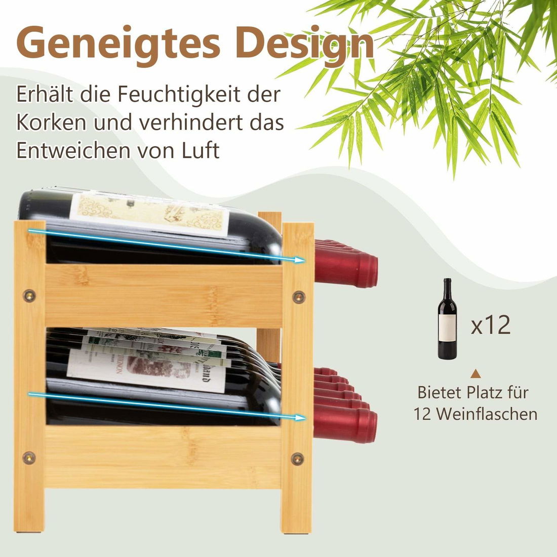 Bambus vinreol – 12 flasker, 2-lags, naturlig finish