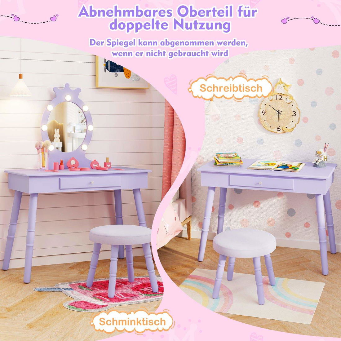 Børne sminkebord med spejl og LED-lys – lilla