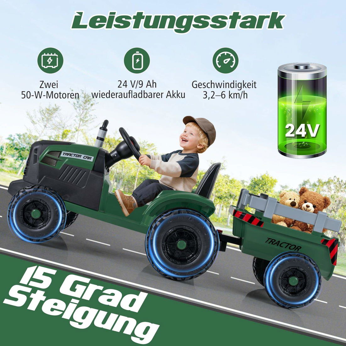 24 V lasten sähkötraktori irrotettavalla peräkärryllä ja kauko-ohjauksella