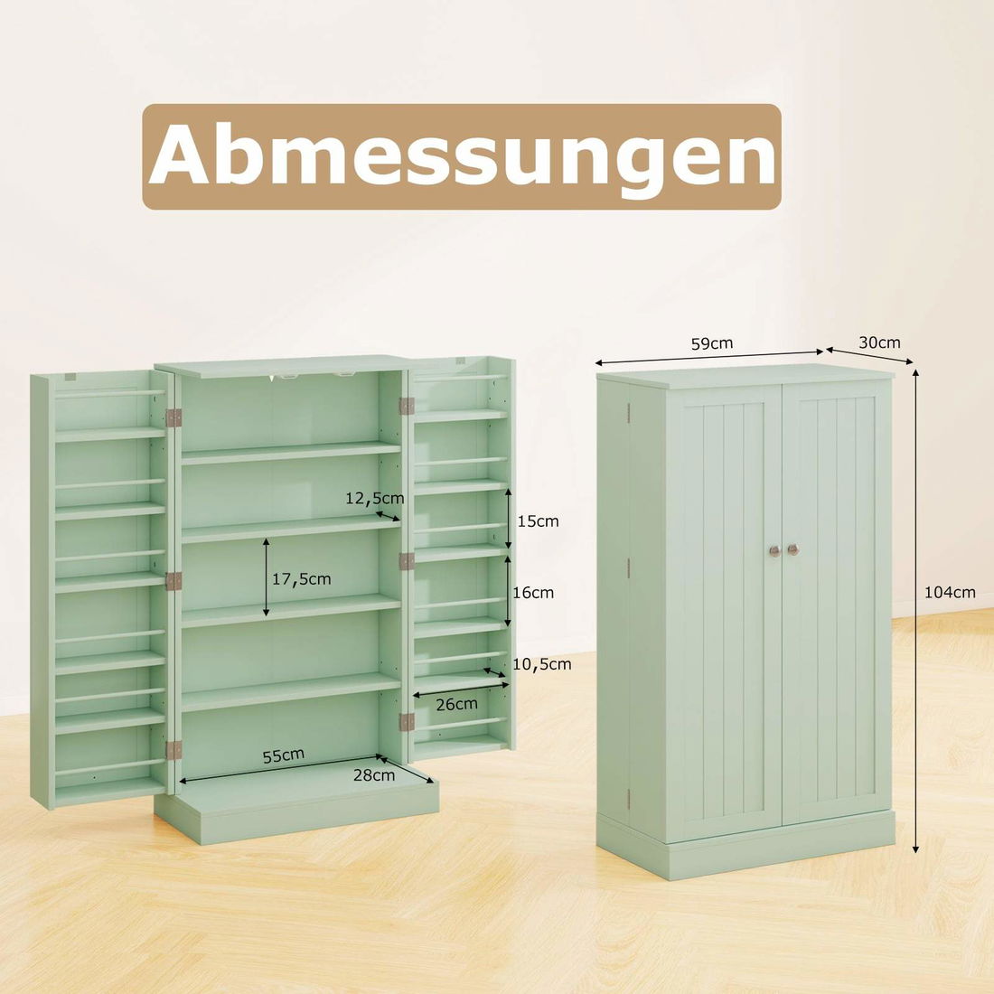 Grønt køkkenskab – justerbare hylder, 104 cm højt