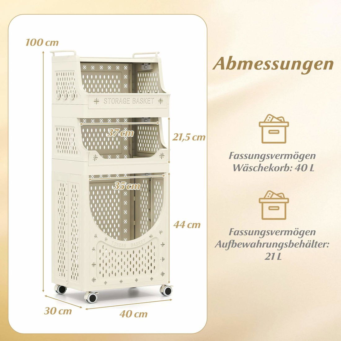 Kokoontaitettava pyykkikärry lukittavilla pyörillä – 4 tasoa, 2 koria ...