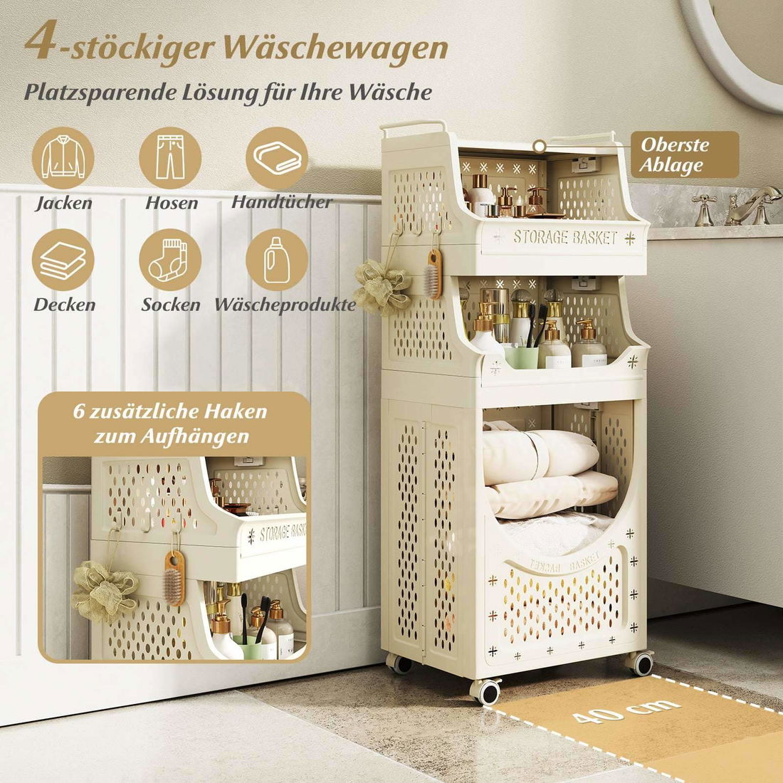 Kokoontaitettava pyykkikärry lukittavilla pyörillä – 4 tasoa, 2 koria ...