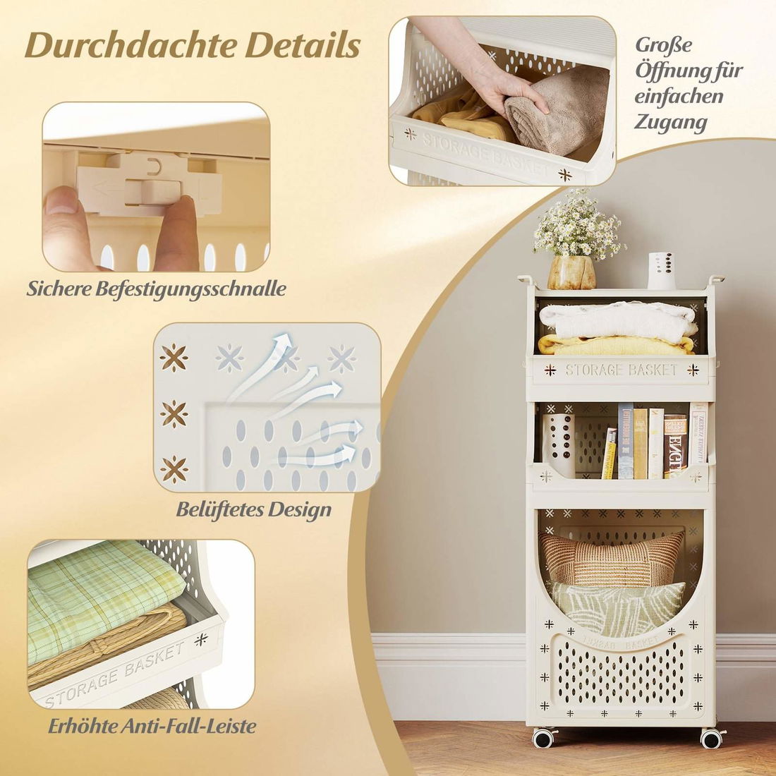 Kokoontaitettava pyykkikärry lukittavilla pyörillä – 4 tasoa, 2 koria ...