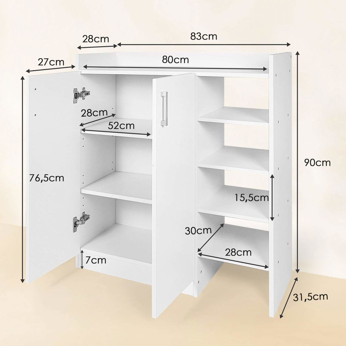 Skoskab med justerbare hylder og 2 døre – hvid