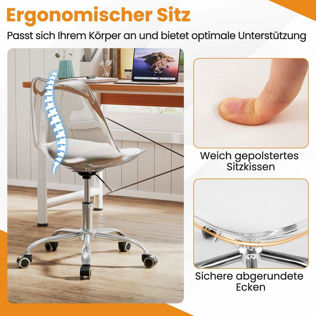Transparent kontorsstol – Ergonomisk, justerbar, PET-material