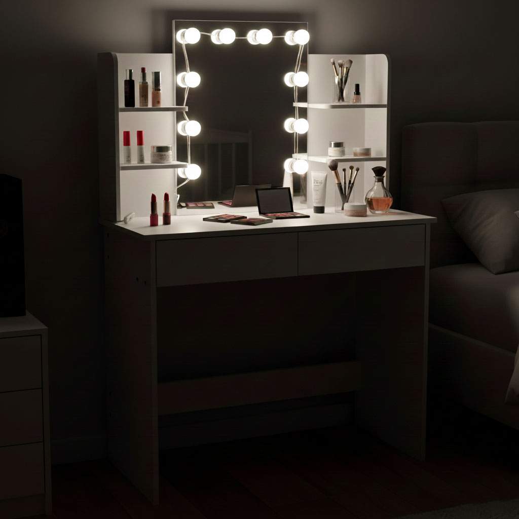 Meikkipöytä peilillä ja LED-valoilla – 3 väriä, laatikot